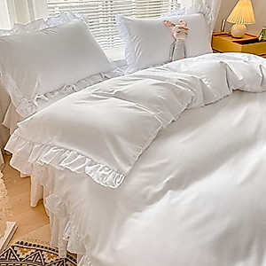 MOOWOO Chic Ruffle Lace Polyester Duvet Cover Set -Girl White Bedding-2 Piece Twin Duvet Cover with Zipper Closure -Ultra Soft and Light Weight(White, Twin)