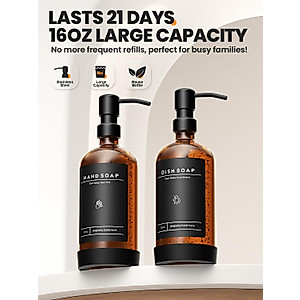 [Luxury] Kitchen Soap Dispenser Set - 16OZ Amber Glass Bottle, Stainless Steel Pump, Instant Dry Tray, Waterproof Labels, Non-Slip Silicone Pad, and Dish Brush | Upgrade for Your Kitchen and Bathroom