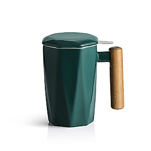Sweejar Porcelain Tea Mug with Infuser and Lid, Wooden Handle, 17 Ounce, Geometric Shape Tea Cup for Steeping, Tea Lover, Gift, Home, Office (Jade)