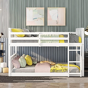 Twin Bunk Beds Low Bunk Bed Frame Wood Twin Over Twin Bunkbed for Kids Toddlers Boys Girls Bedroom, White