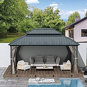 Domi 12’ x 14’ Hardtop Gazebo Canopy Outdoor Aluminum Gazebo, Galvanized Steel Double Roof with Curtains and Netting for Deck, Backyard, Patio, Garden