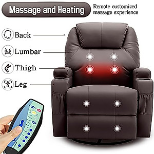 Korser Recliner Chair, Rocking Chair with Massage and Heat, 360° Swivel Recliner Chairs for Adults, Rocker Manual Recliner with Remote Control and Cup Holder for Living Room, Bedroom, Nursery