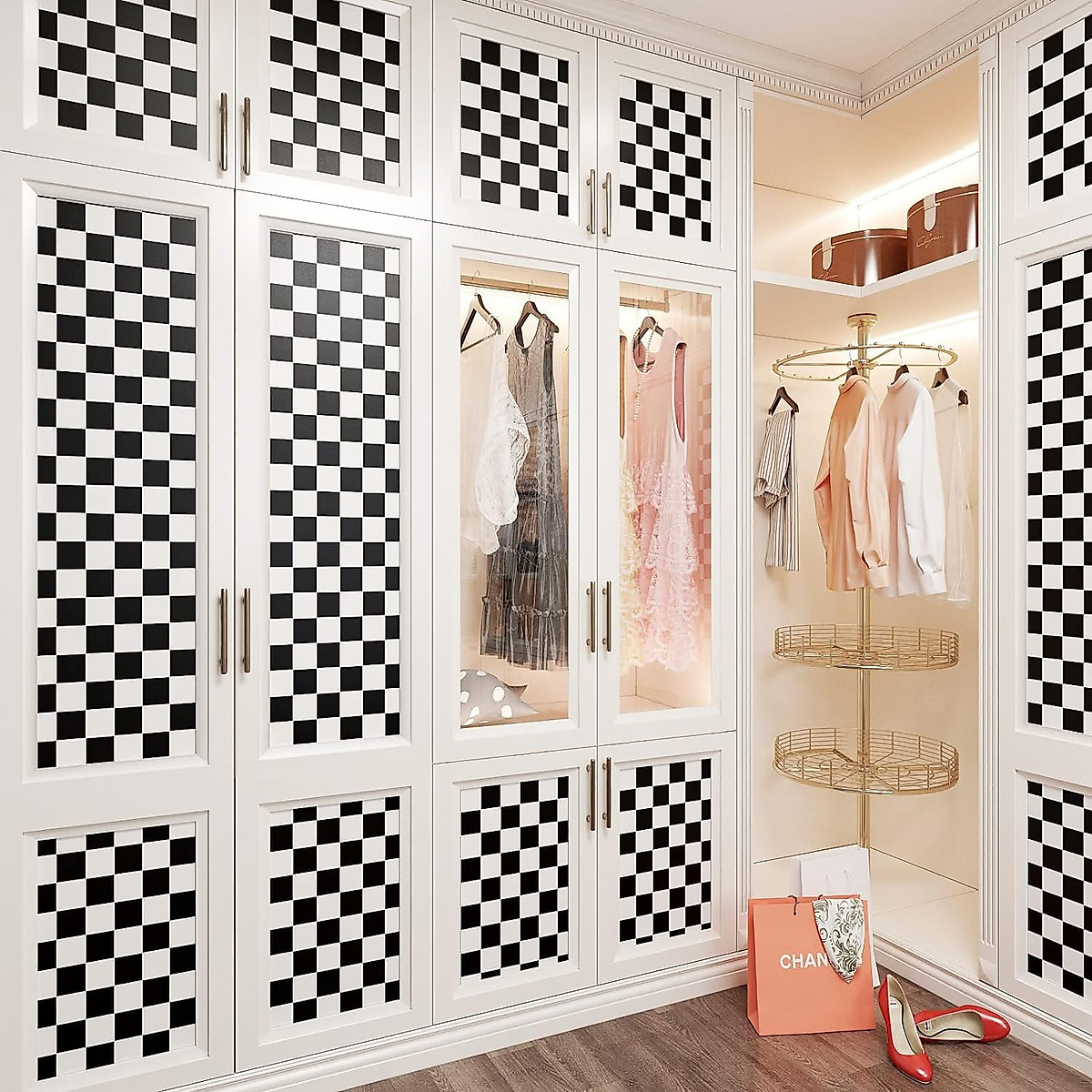 YENHOME Removable Checkered Wallpaper Small Checkered Peel and Stick Wallpaper Neutral Black and White Checker Contact Paper Waterproof Wallpaper for Bathroom Countertops Walls Thick Matte 17.7"X80"