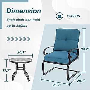 Oakcloud Outdoor Bistro Set 3-Piece Spring Metal Lounge Cushioned Chairs and Bistro Table Set Wrought Iron Cafe Furniture Seat, Blue