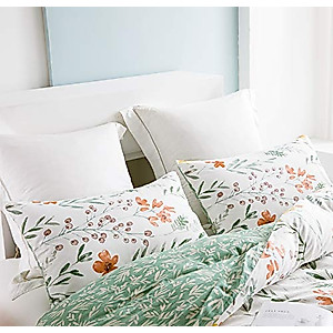 SLEEPBELLA Duvet Cover Queen, 600 Thread Count Cotton 3pcs Bedding Set Yellow Flowers and Green Branches Printed on White Reversible Comforter Cover