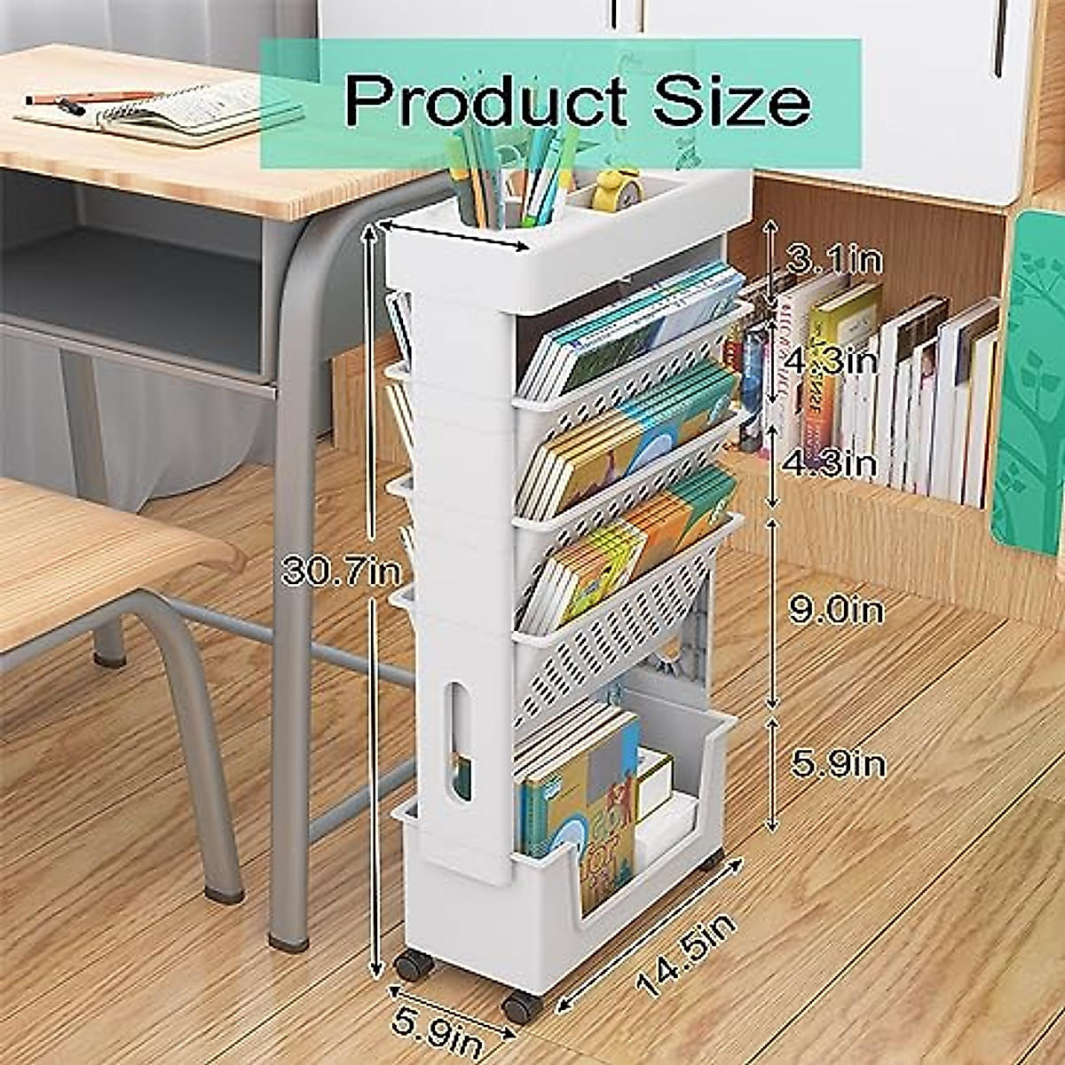 5 Tier Mobile Bookshelf, Removable Movable Unique Bookcase, Utility Organizer White Bookshelves with Wheels for Kids Children Students Study at Home School Bedroom Living Room
