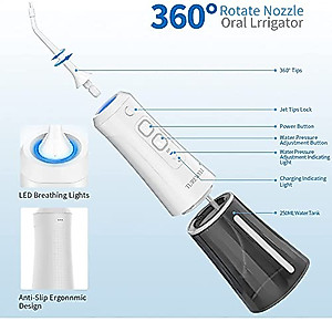 TUREWELL Water Flosser Cordless, Oral Irrigator for Teeth, Portable Waterpick with DIY Mode and 3 Replacement Jets, IPX7 Waterproof Electric Dental Flosser for Travel/Home/Braces (White)