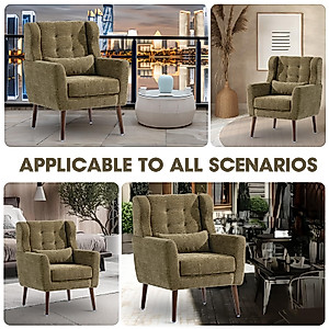cinkehome Accent Arm Chairs for Living Room, Chenille Upholstered Mordern Armchair, Comfy Soft Padded Lounge Chair in Small Spaces, Bedroom, Pillow, Solid Wood Leg, Olive Green