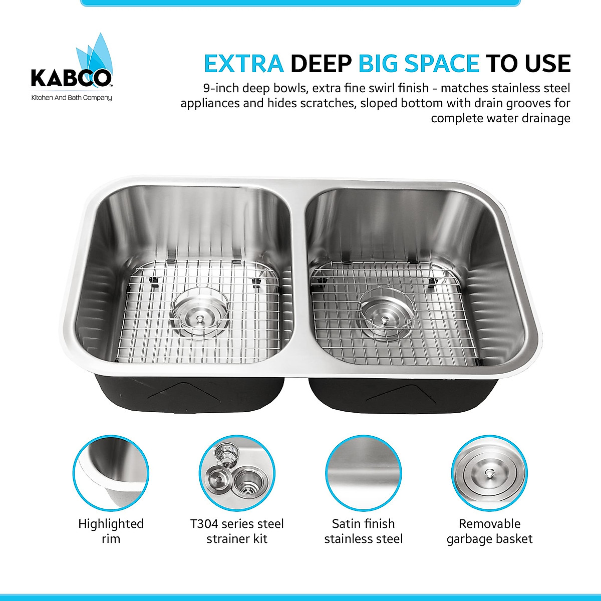 KABCO 32 Inch Swirl Finish Stainless Steel Classic Kitchen Sink, Sound and Heat Proof Double Equal Bowl Undermount Sink with Kitchen Sink Strainers, Removable Garbage Baskets and Sink Grids