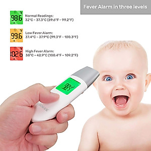 LOOKEE Petite Infrared Touchless Forehead Thermometer for Adults and Kids | Baby Thermometer with Fever Alarm | 3-In-1 No Touch Medical Digital Thermometer with Memory of 35 Readings | Battery & Pouch