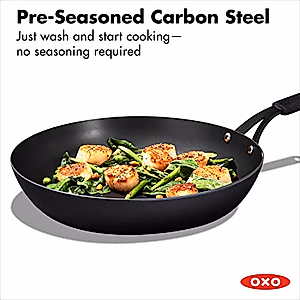 OXO Obsidian Pre-Seasoned Carbon Steel, 12" Frying Pan Skillet with Removable Silicone Handle Holder, Induction, Oven Safe, Black