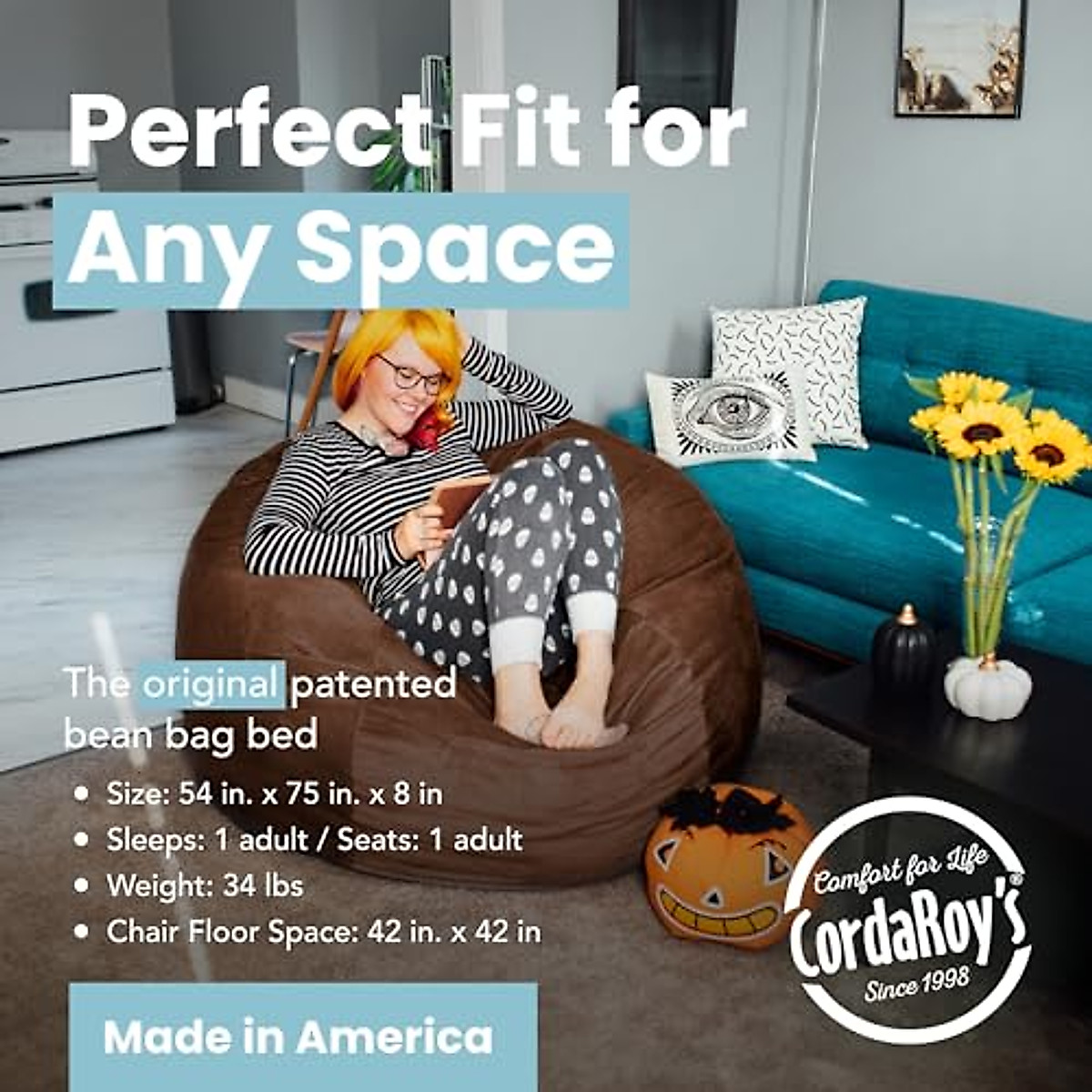 CordaRoy's Chenille Bean Bag Chair, Convertible Chair Folds from Bean Bag to Lounger, As Seen on Shark Tank, Espresso - Full Size