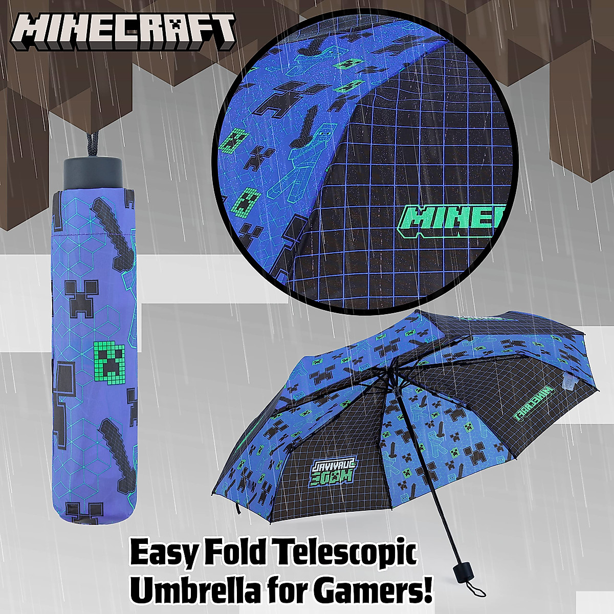 Minecraft Kids Folding Umbrellas, Durable & Compact Umbrella, Windproof Travel Umbrella for Boys and Girls (Black/Blue)