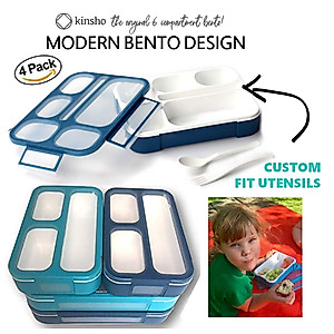 Bento Lunch Box and Snack Container Value Set| Meal Planning Portion Containers For Kids or Adults, School or Work | BPA Free | Microwave Safe | Utensils | 4 pack, Large and Mini, Blue + Navy