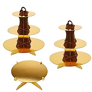 3-Tiered Cardboard Cupcake Stand,Golden Cupcake Stands, Party Cake Stand Tray, Easy Assemble Dessert Holder Paper Cupcake Stands for Party, Wedding, Afternoon Tea, Birthday (Set of 3)