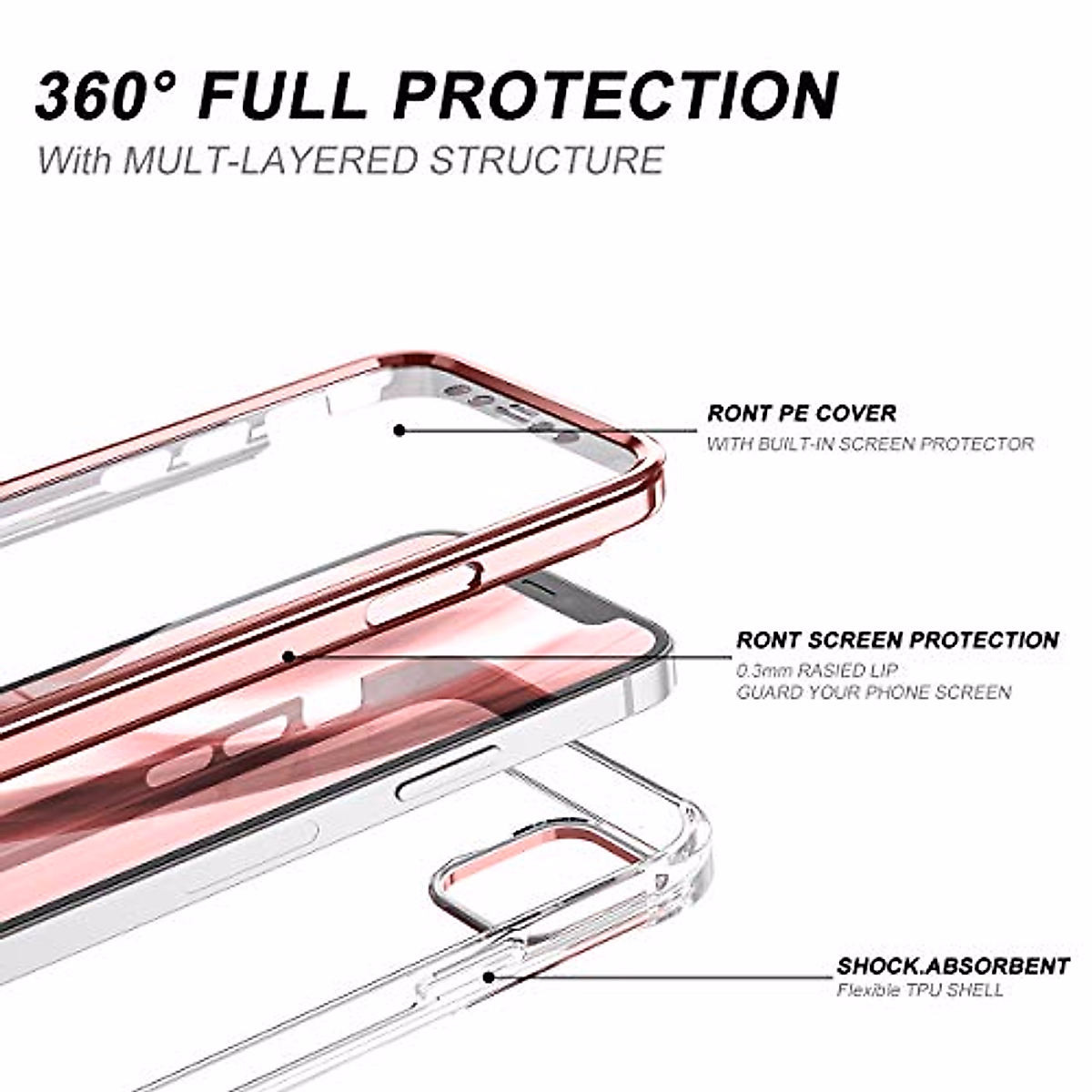 SURITCH Clear Case for iPhone 12 Mini (Only) 5.4-inch, [Built in Screen Protector] Full Body Protective Shockproof Bumper Rugged Phone Cover for iPhone 12 Mini -(Rose Gold)