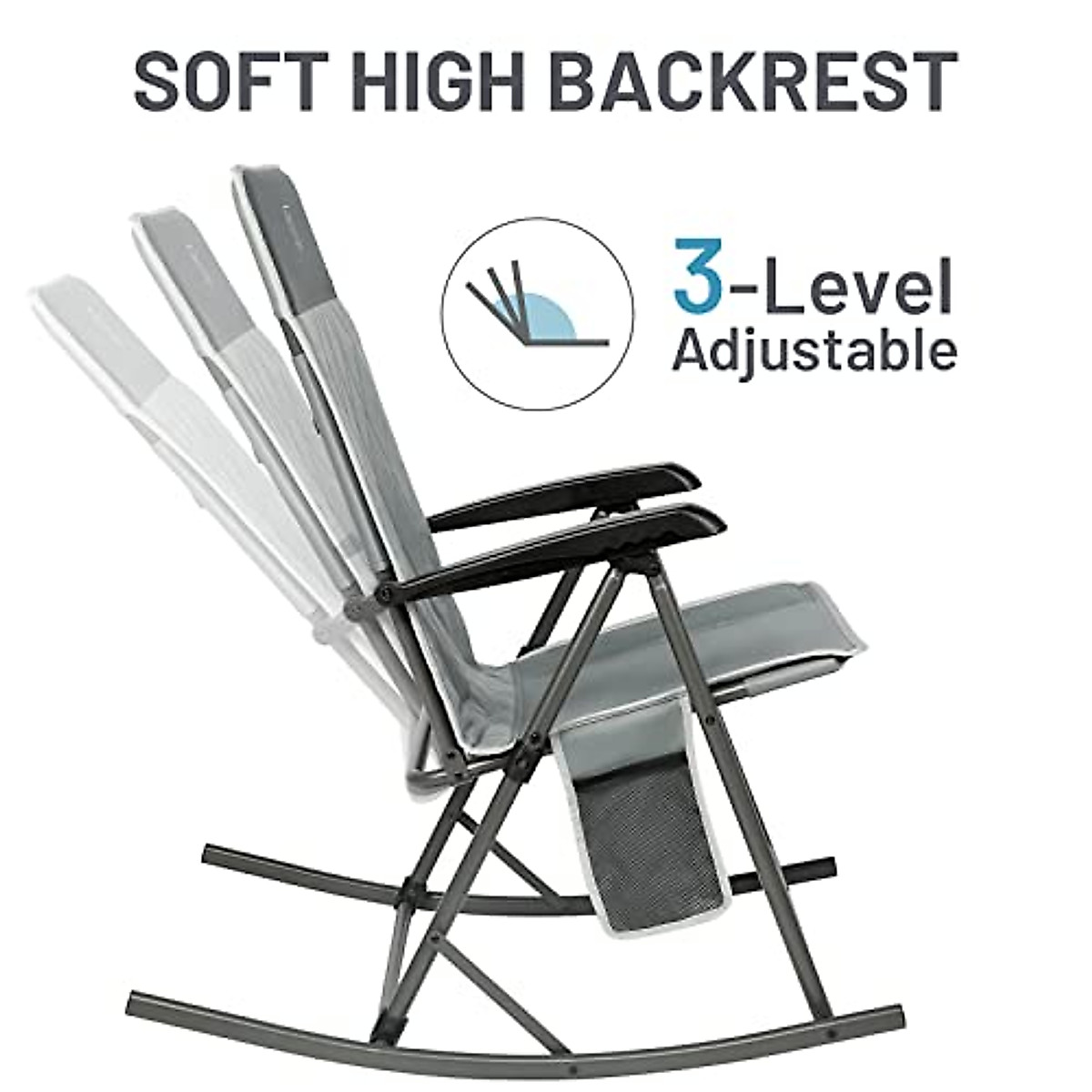 TIMBER RIDGE Padded High Back Folding Rocker Side Pocket Portable Rocking Lawn Chair Foldable for Camping Patio Garden, Supports 300 LBS, Grey