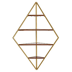 Kate and Laurel Melora Mid-Century Modern Corner Shelf, 24 x 38 x 17, Walnut and Gold, Glamorous Floating Corner Shelving with Four Shelves and Unique Geometric Shape