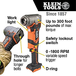 Klein Tools BAT20LW1 Right-Angle Impact Wrench Kit, 300 ft-lb, Compact and Cordless, Includes Batteries, Charger and Carrying Case