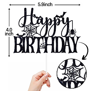 Black Glitter Happy Birthday Cake Topper, Happy Booday/Happy Halloween Birthday, Funny Ghoust Scary Halloween Themed Birthday Party Decorations for Kids