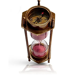 MERIDIAN NAUTICALS 6" Hand Made Solid Brass Decorative Sand Timer 3 min Hour Glass with Fully Functional Compasses