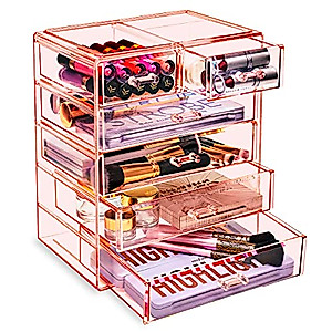Sorbus Acrylic Clear Makeup Organizer - Big & Spacious Cosmetic Display Case - Stylish Designed Jewelry & Make Up Organizers and Storage for Vanity, Bathroom (4 Large, 2 Small Drawers) [Pink]