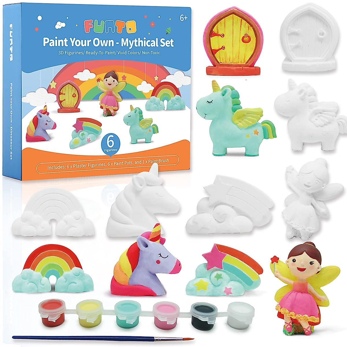 Funto Paint Your Own Unicorn and Dinosaur, 12 Figurines Arts and Crafts for Kids, Ceramics to Paint, STEAM Projects Creative Activity DIY Toys Gift for Boys & Girls Age 3 4 5 6+, with Paint & Brushes