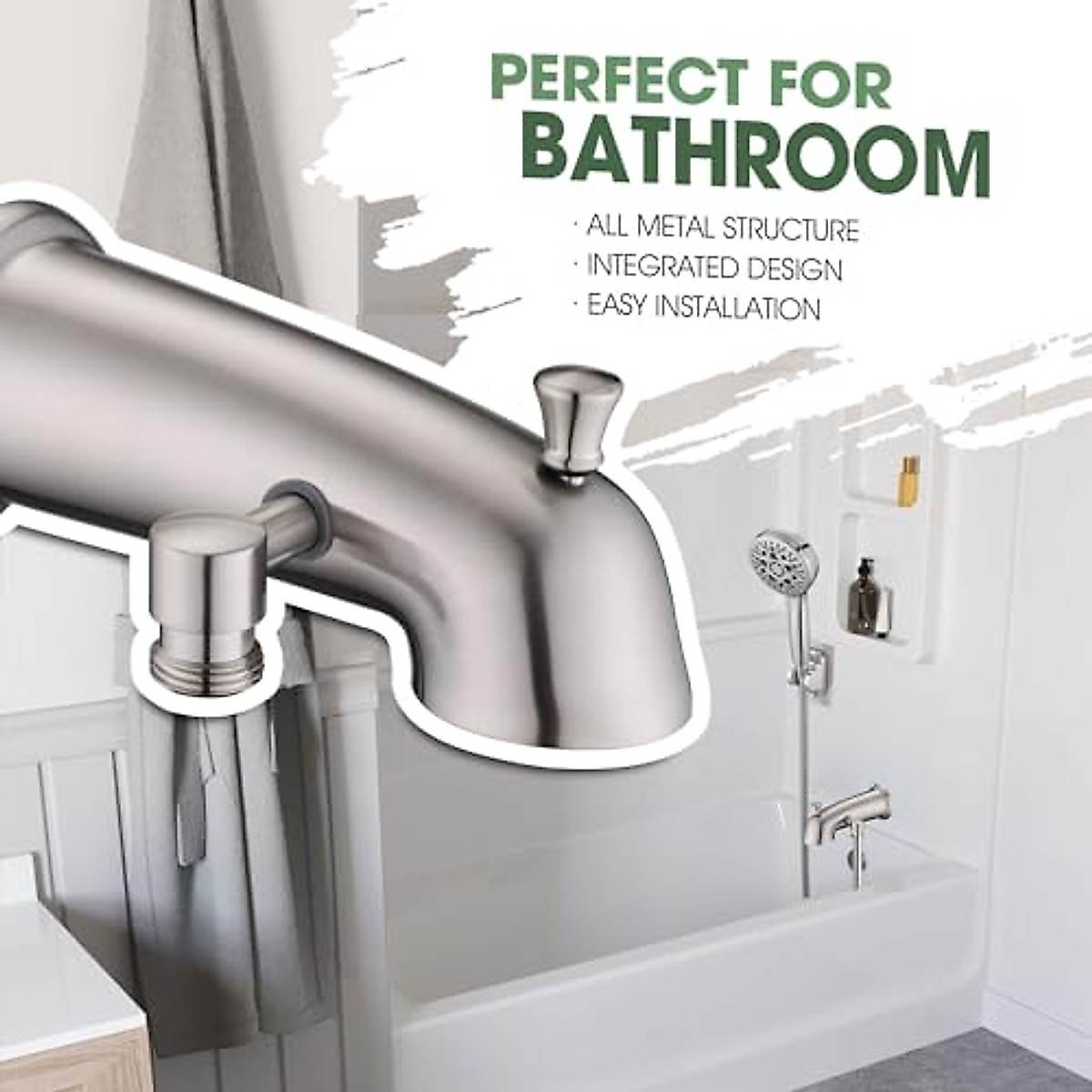 RAINREVIVE All Metal Tub Spout with Diverter for Hand Held Shower, Fits for Threaded 1/2" or 3/4" IPS, Bathtub Faucet with Shower Diverter Universal Tub Diverter Spout, Brushed Nickel