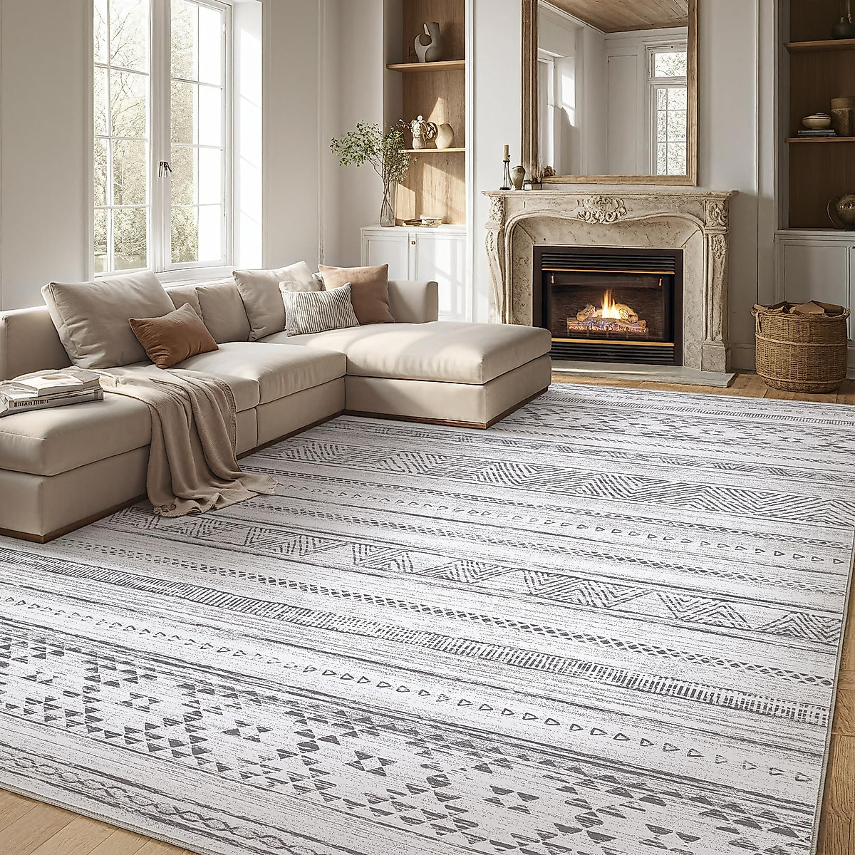 DMOYEST 8x10 Area Rug Living Room Rugs - Washable Large Soft Boho Neutral Geometric Moroccan Modern Rug for Bedroom Dining Room Home Office Non Slip Low Pile Farmhouse Carpet Indoor - Cream Grey