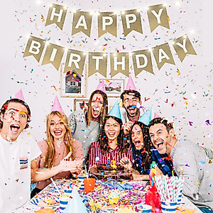 RUBFAC Pre-Strung Happy Birthday Banner - NO DIY - Gold Glitter Birthday Party Banner with 2pcs Fairy Lights for Birthday Party Decorations, Rose Gold Happy Birthday Sign