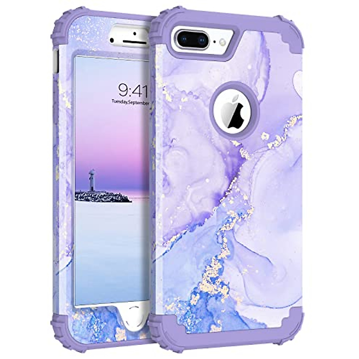 BENTOBEN iPhone 8 Plus/iPhone 7 Plus Case, Phone Case Heavy Duty 3 in 1 Full Body Rugged Shockproof Hybrid Hard PC Bumper Drop Protective Girls Women iPhone 8 Plus/7 Plus Cover, Purple Marble Design