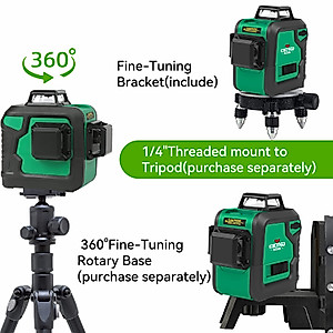 Excited Work 12 Lines Laser Leevl Self Leveling 3x360°, 3D Green Cross Line for Construction and Wallpaper/Flooring, Rechargeable Li-ion battery, Magnetic Pivoting Base, Remote Controller