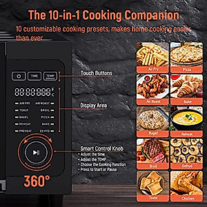 Air Fryer Toaster Oven Combo, Fabuletta 10-in-1 Countertop Convection Oven, Oil-Less Air Fryer Oven Fit 13" Pizza, 9 Slices Toast, 5 Accessories, 1800W, Dehydrate, Reheat, Bake (Black)