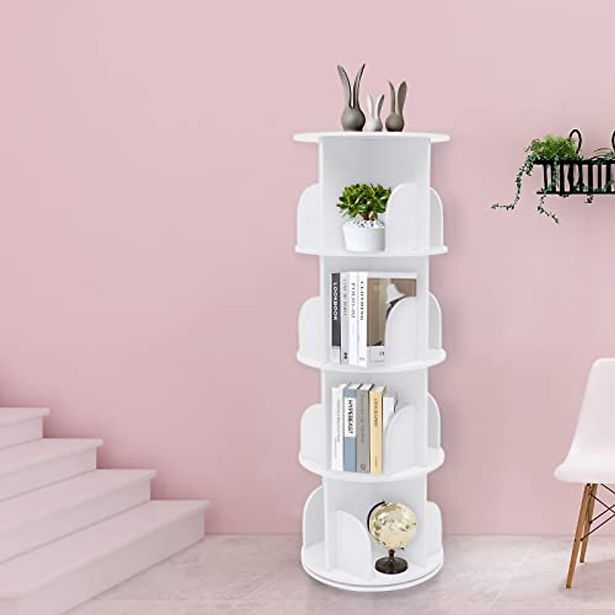 CeRaBuRET White 360° Rotating Bookshelf, 4 Tier Stackable Tall Bookshelf Bookcase with Storage Shelves Floor Standing Bookshelf Display for Living Room, Bedroom and Office, 15.7 * 15.7 * 46.5in