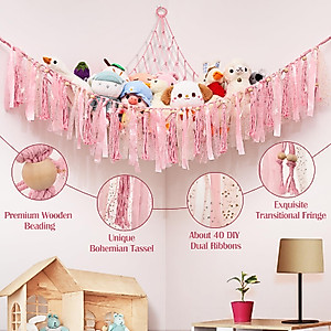 Lewondr Stuffed Animal Hammock, Dense Stuffed Animal Net or Hammock with Transitional Fringes, DIY Ribbons Great Decor Stuffed Animal Storage, 138'' Star Light String, 39'' x 39'' x 59, Pink