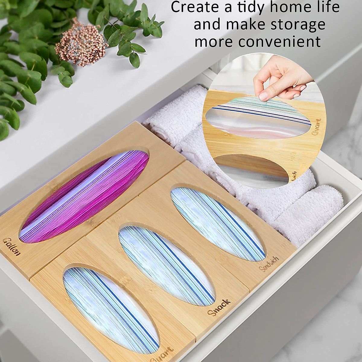 BPFY Bamboo Ziplock Bag Storage Organizer, Bamboo Zip Lock Bags Container for Kitchen Drawer, Food Storage Bag Holder Compatible with Gallon, Quart, Sandwich and Snack Variety Size Bags