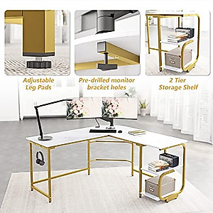 Merronix L Shaped Desk with Storage Shelves, Reversible Corner Computer Desk for Home Office, Modern Gaming L Desk with Spacious Desktop, White Marble and Gold