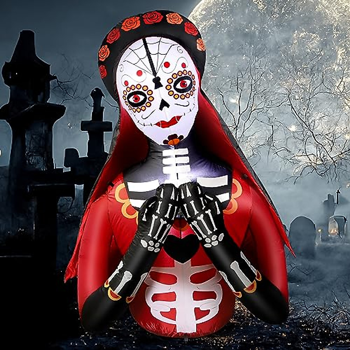 5FT Halloween Inflatables Day of The Dead Sugar Skull Blow Up Decorations with LED Lights and Built-in Sandbags, IDia De Los Muertos Decoration for Holiday Party Indoor Outdoor Garden Lawn Decor
