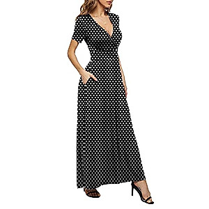 LILBETTER Women's Long Summer Dress Floral Maxi Short Sleeve Dresses with Pockets(F Black Polka Dot,X-Large)