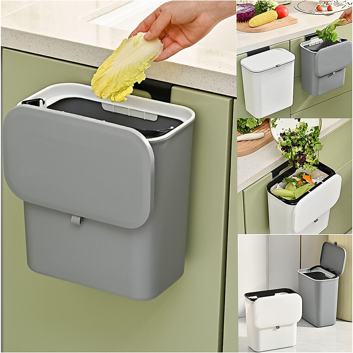 Cq acrylic 2.4 Gallon Kitchen Compost Bin for Counter Top or Under Sink,Hanging Kitchen Trash Can,Plastic Wall Mounted Garbage Can,Small Kitchen Waste Basket,Food Waste Bin for Countertop,Grey