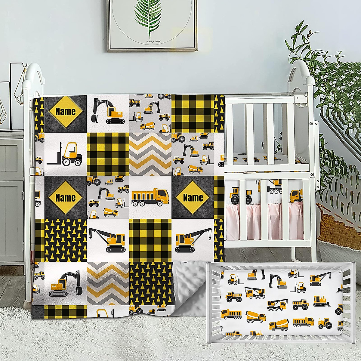 Munific Personalized Crib Bedding Set for Baby Boys, Custom Baby Boy Crib Bedding Set with Name, 2 Piece Construction Truck Baby Nursery Bedding, Crib Comforter, Crib Fitted Sheet for Babies