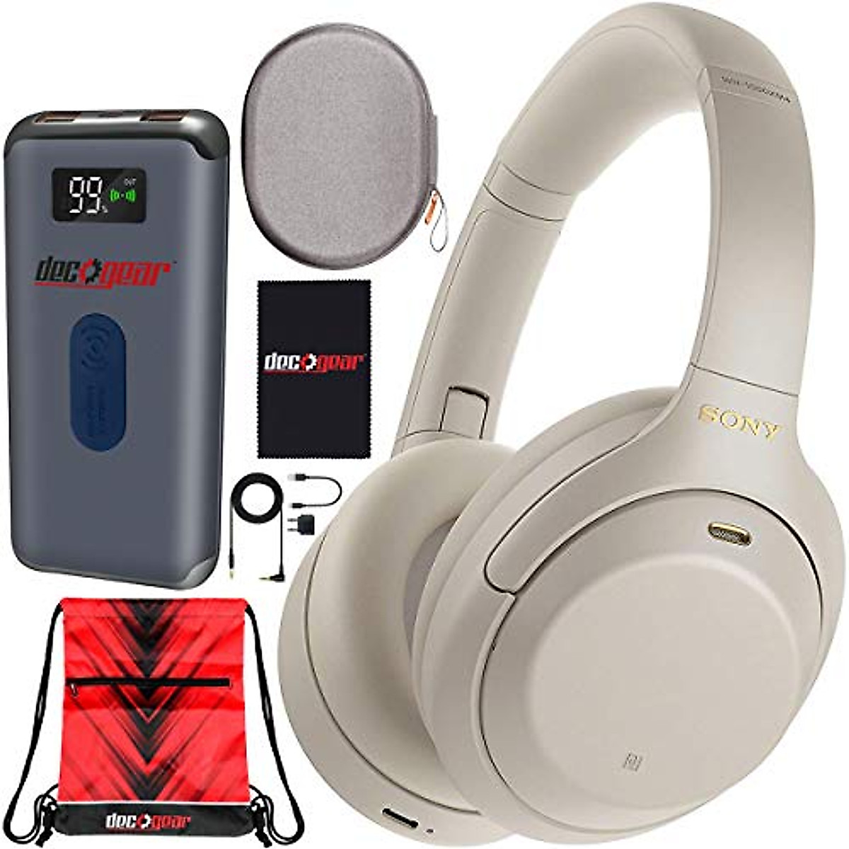 Sony WH-1000XM4 Wireless Industry Leading Noise Cancelling Over-Ear Headphones with Mic for Hands Free Calling and Alexa, Silver WH-1000XM4/S Bundle w/Case + Deco Gear Portable Charger + Gym Bag