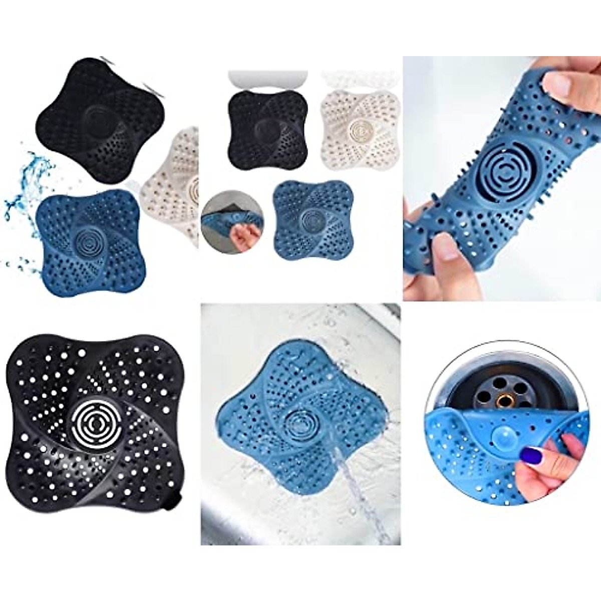 Drain Strainer, Hair Catcher, 2022 Design Anti Clog-Free, Bathroom Bathtub Shower Kitchen Sink Floor Drain, Tub Rubber Stopper, Pet Fur Food Basket, Flexible Silicone, White Black Blue, Standard