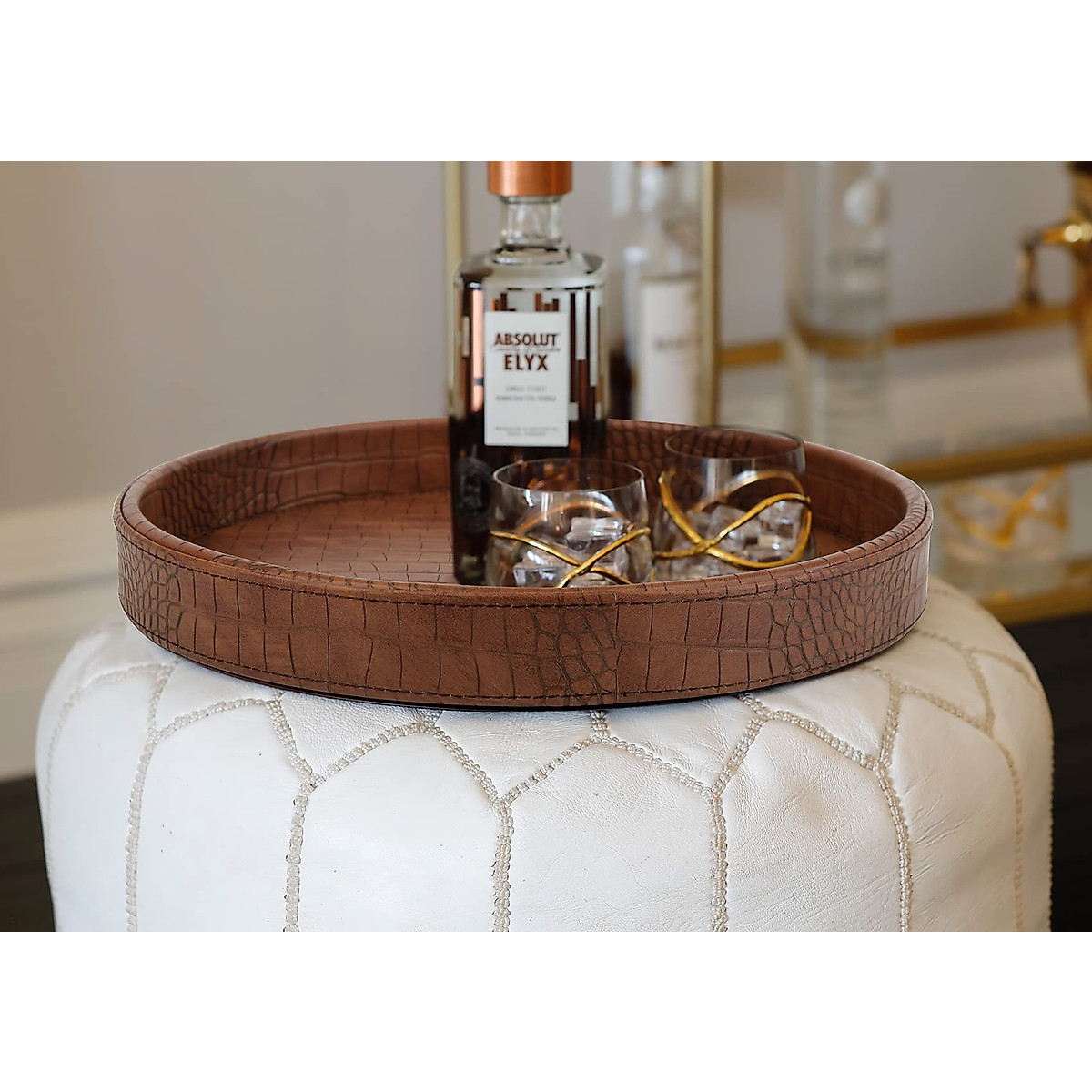 HofferRuffer Faux Leather Round Serving Tray, Vegan Croco Leather Decorative Tray, Food Tray for Storage Drinks, Snack & Cosmetics, Dia.12'' x 1.6'' (Antique Brown)