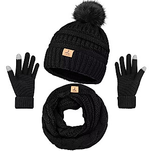 Winter Hat Scarf Gloves and Face Mask, Warm Knit Beanie Pompom Hat Touchscreen Gloves Set Gifts Circle Scarves for Women…