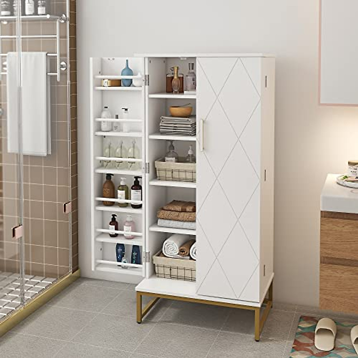 kepptory 51” Pantry Cabinets, White Freestanding Kitchen Pantry Storage Cabinet with Adjustable Shelves, Buffet Cupboards Storage Cabinet for Home Office Use, White + Gold