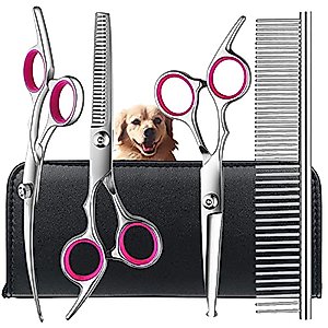 TINMARDA Grooming Scissors Kit with Safety Round Tips Stainless Steel Professional Thinning, Straight, Curved Shears and Comb for Long Short Hair for Dog Cat Pet