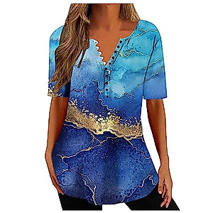 Ceboyel Women Floral Boho Summer Shirts 2023 Short Sleeve Blouses Button Up Henley Tunic Tops Trendy Casual Ladies Clothing Women’S Tops Blue 3X