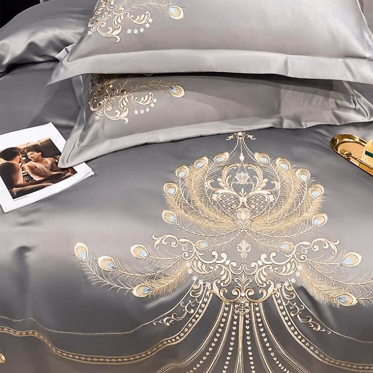 QQXX Luxury Embroidery Duvet Cover Set,Jacquard Silk Bedding Set,Cozy Breathable Microfiber Comforter Cover Set with Zipper Closure and Corner Ties for All-SeasonTies(Queen, Gray)