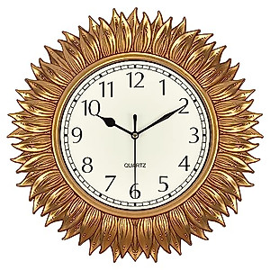 SkyNature Wall Clocks Battery Operated, 12 Inch Boho Sunflower Wall Clock for Living Room Decor, Silent Non-Ticking Small Analog Clock for Kitchen, Bedroom, Bathroom, Office - Gold